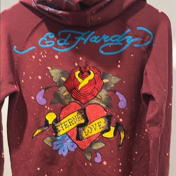 Ed Hardy | Tops | Vintage Y2k Ed Hardy Eternal Love Maroon Hoodie With ...